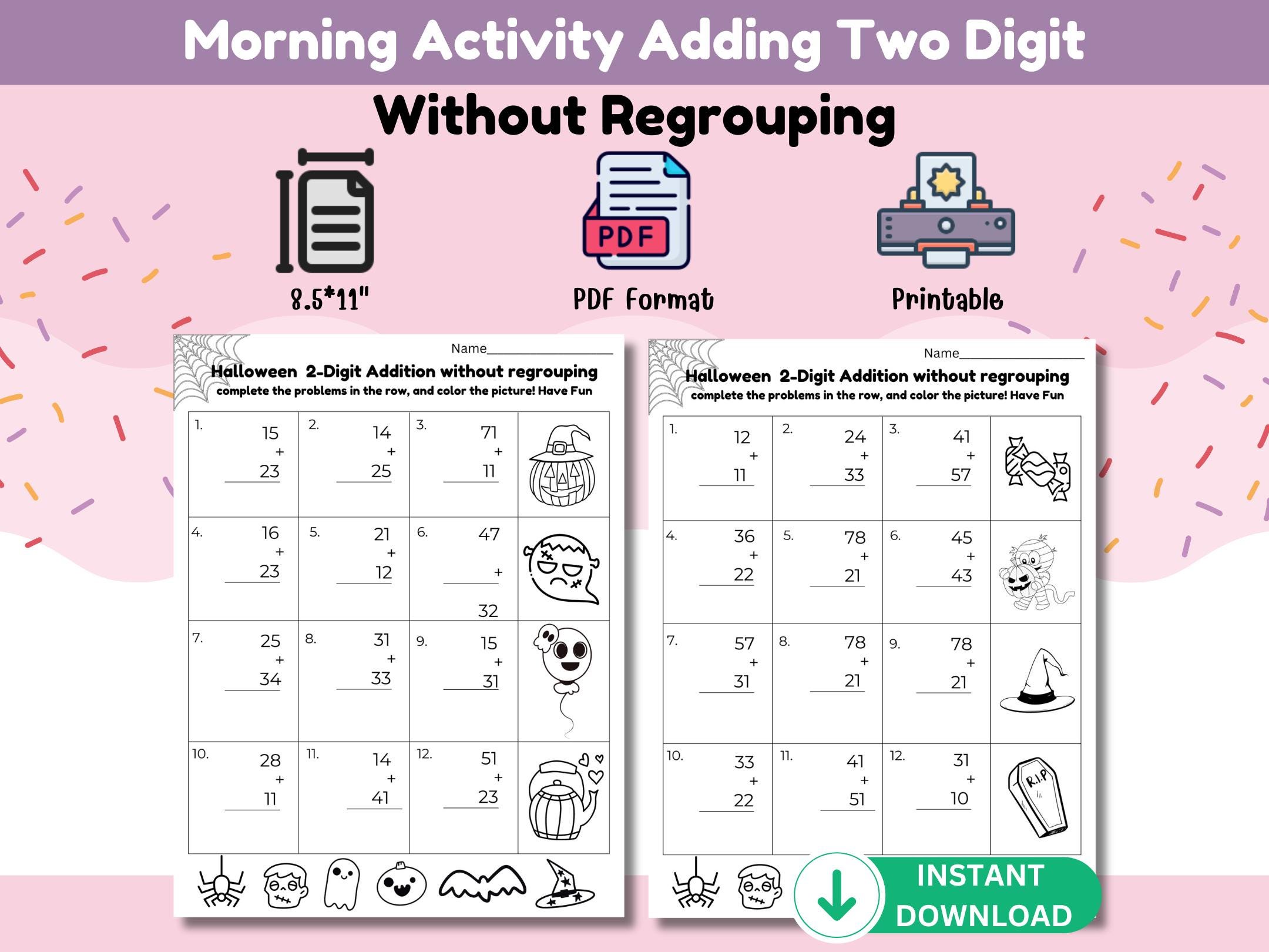 Morning Activity Adding Two Digit Without Regrouping, Therapy Halloween ...