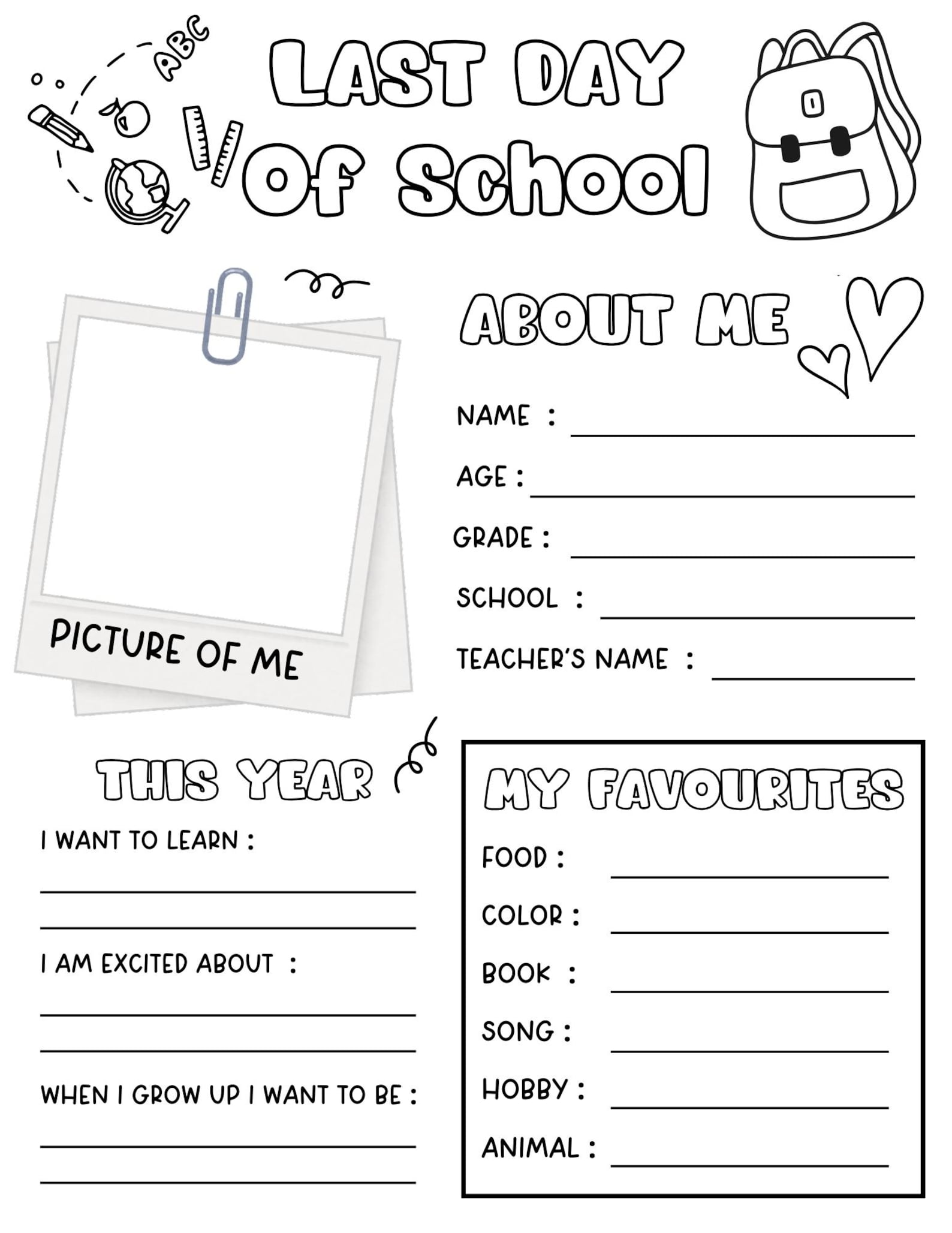 Kid's Memory Journal, Printable First and Last Day of School Keepsake ...
