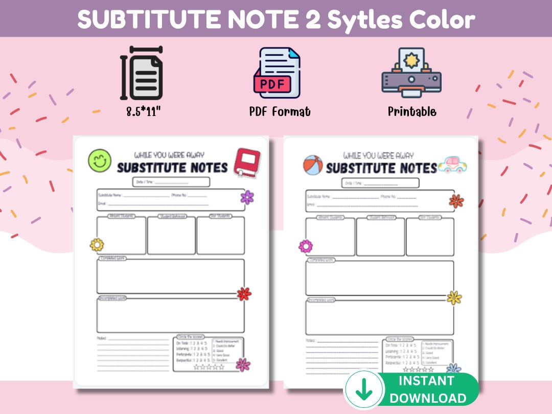 Substitute Teacher Note Template, Substitute Teacher Resource Binder ...
