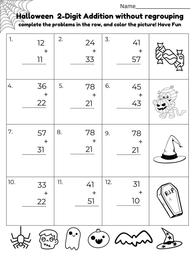 Morning Activity Adding Two Digit Without Regrouping, Therapy Halloween ...