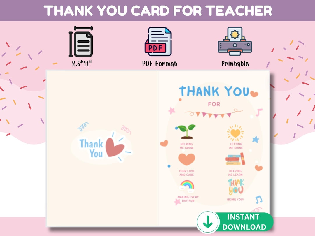 Teacher Appreciation Card, Teacher Thank You Cards Printable, Instant ...