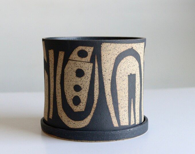 HANDMADE CERAMIC PLANTER- Collage Design on Speckled Stoneware With ...