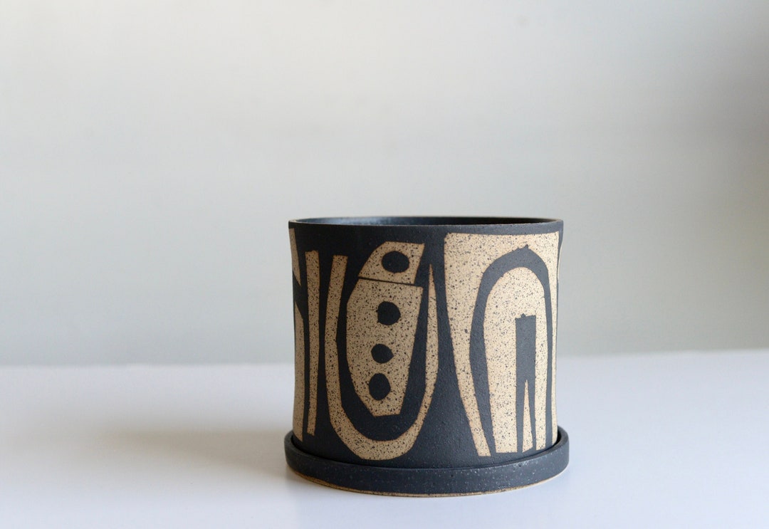 HANDMADE CERAMIC PLANTER- Collage Design on Speckled Stoneware With ...
