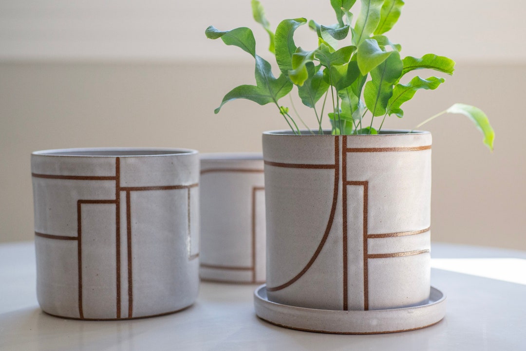 HANDMADE CERAMIC Planter-line Design in Matte White With Drip Tray and ...