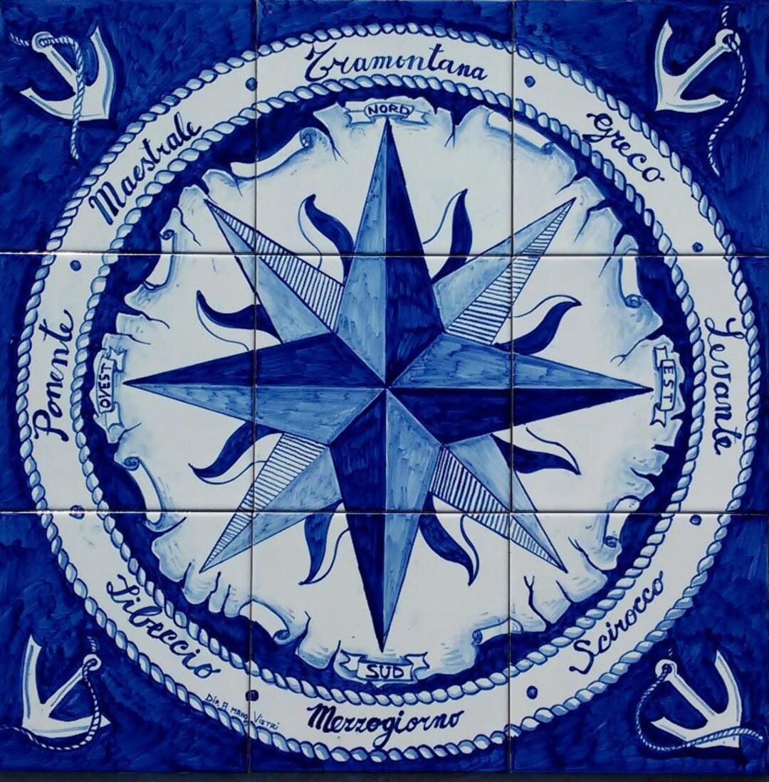 Hand Painted Compass Rose Tile Mural, Nautical Decor - Etsy