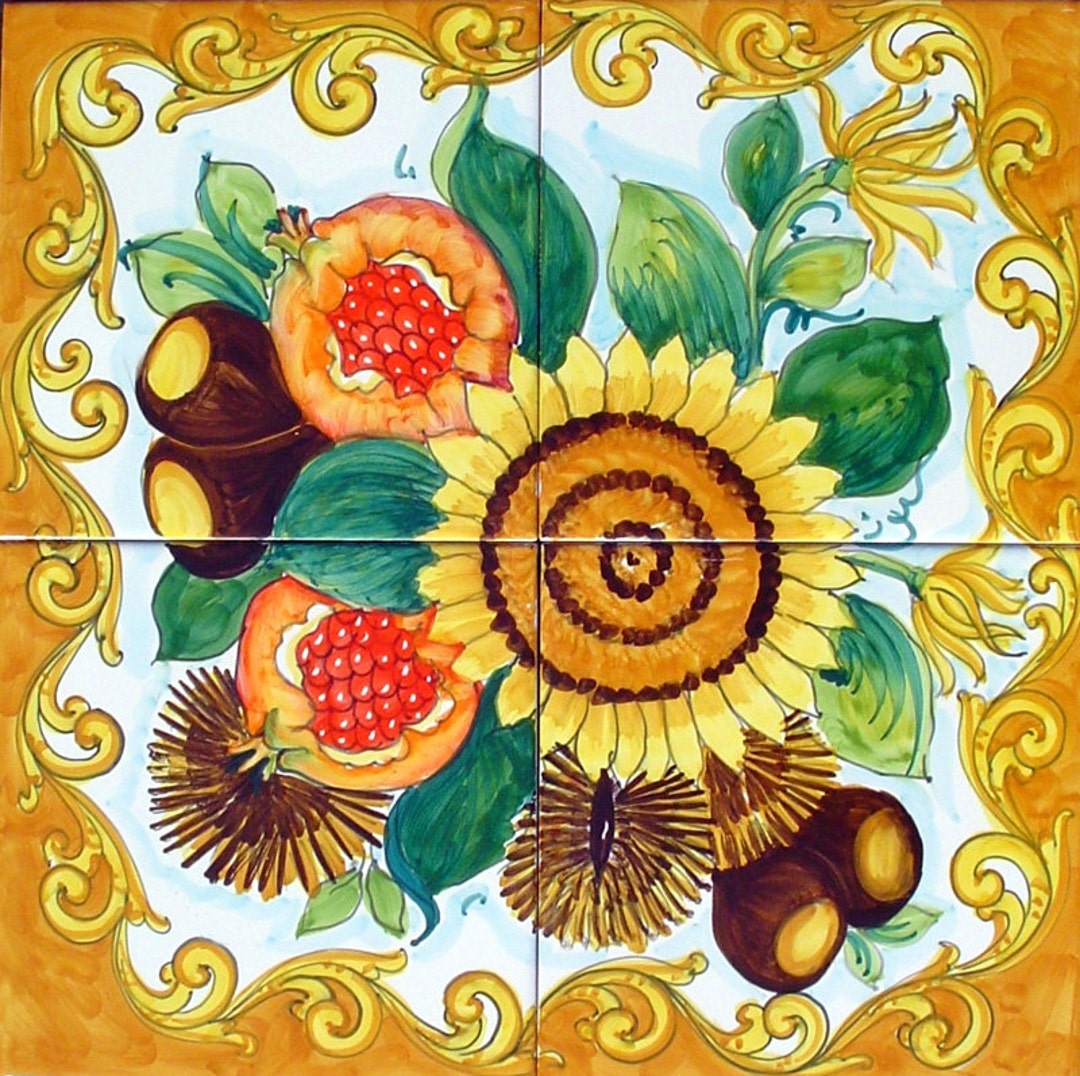 Hand Painted Ceramic Tile Mural - Tuscan Sunflower - Italian Chestnut ...
