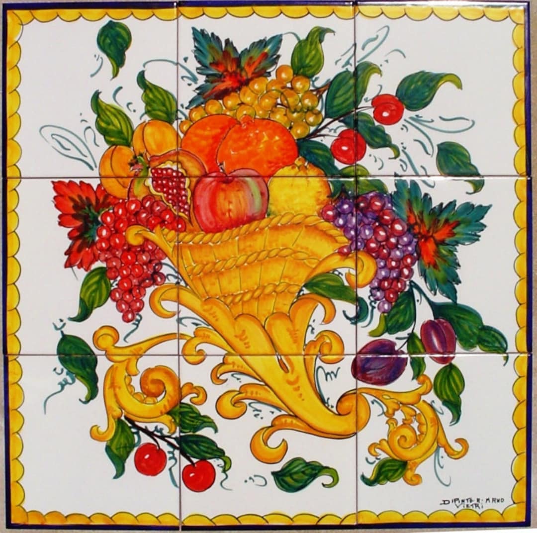 Hand Painted Tile Mural - Horn of Plenty - Cornucopia - Decorative ...