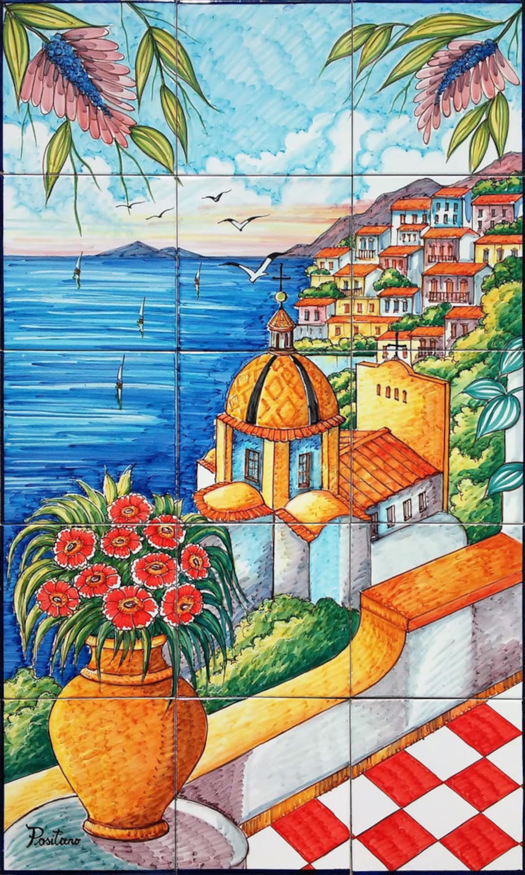 Positano Terrace Backsplash Tile Mural, Painted Tiles for Backsplas ...