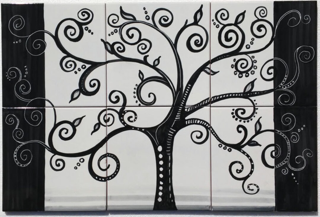 Hand Painted Tile Mural - the Painted Tree - Black Tree Decor - Art ...