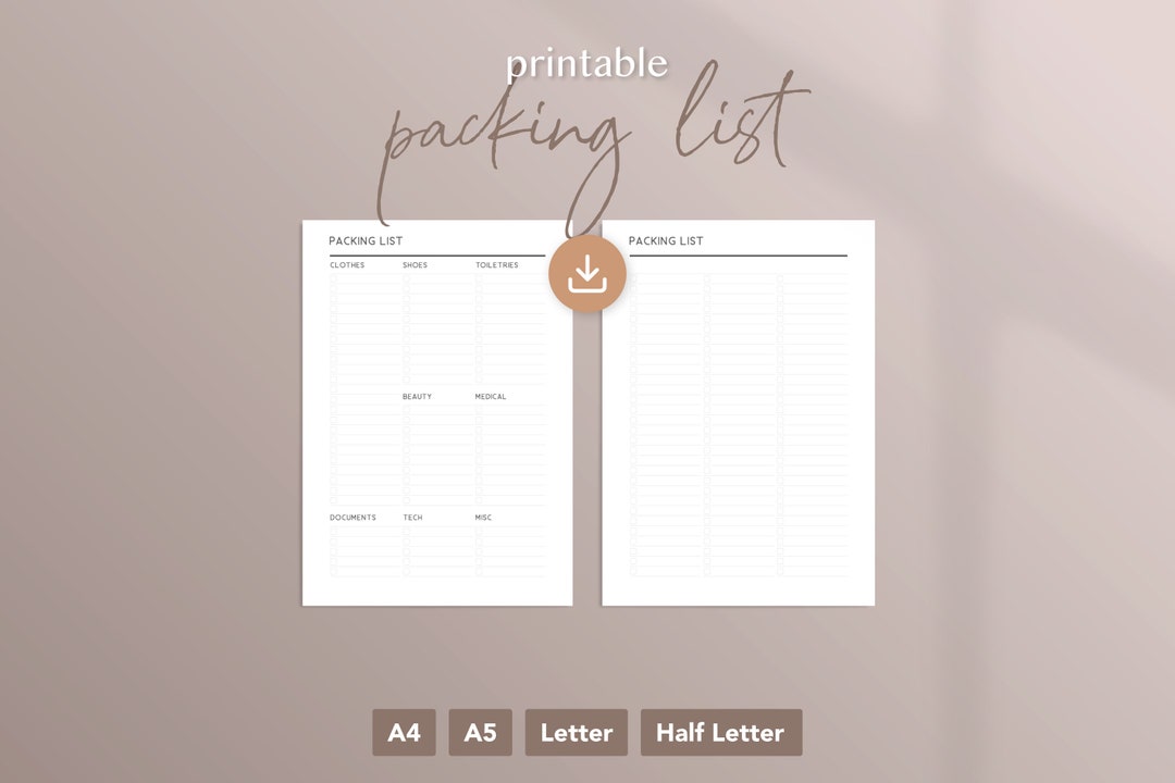 Printable Packing List | A4, A5, Letter, Half Letter Planner Inserts - Etsy