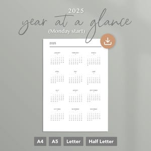 Monday Start - 2025 Printable Year at a Glance Calendar | A4, A5 ...