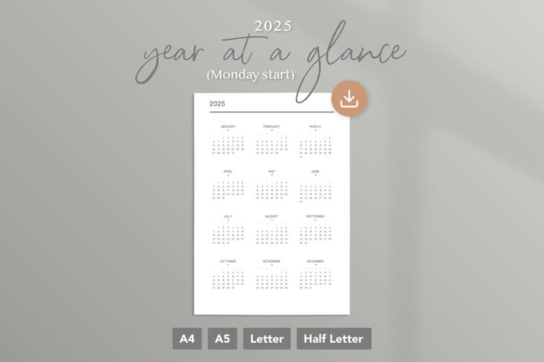 Monday Start - 2025 Printable Year at a Glance Calendar | A4, A5 ...
