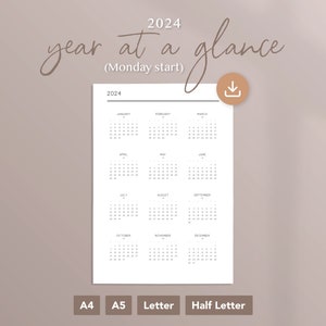 Monday Start - 2024 Printable Year at a Glance Calendar | A4, A5 ...