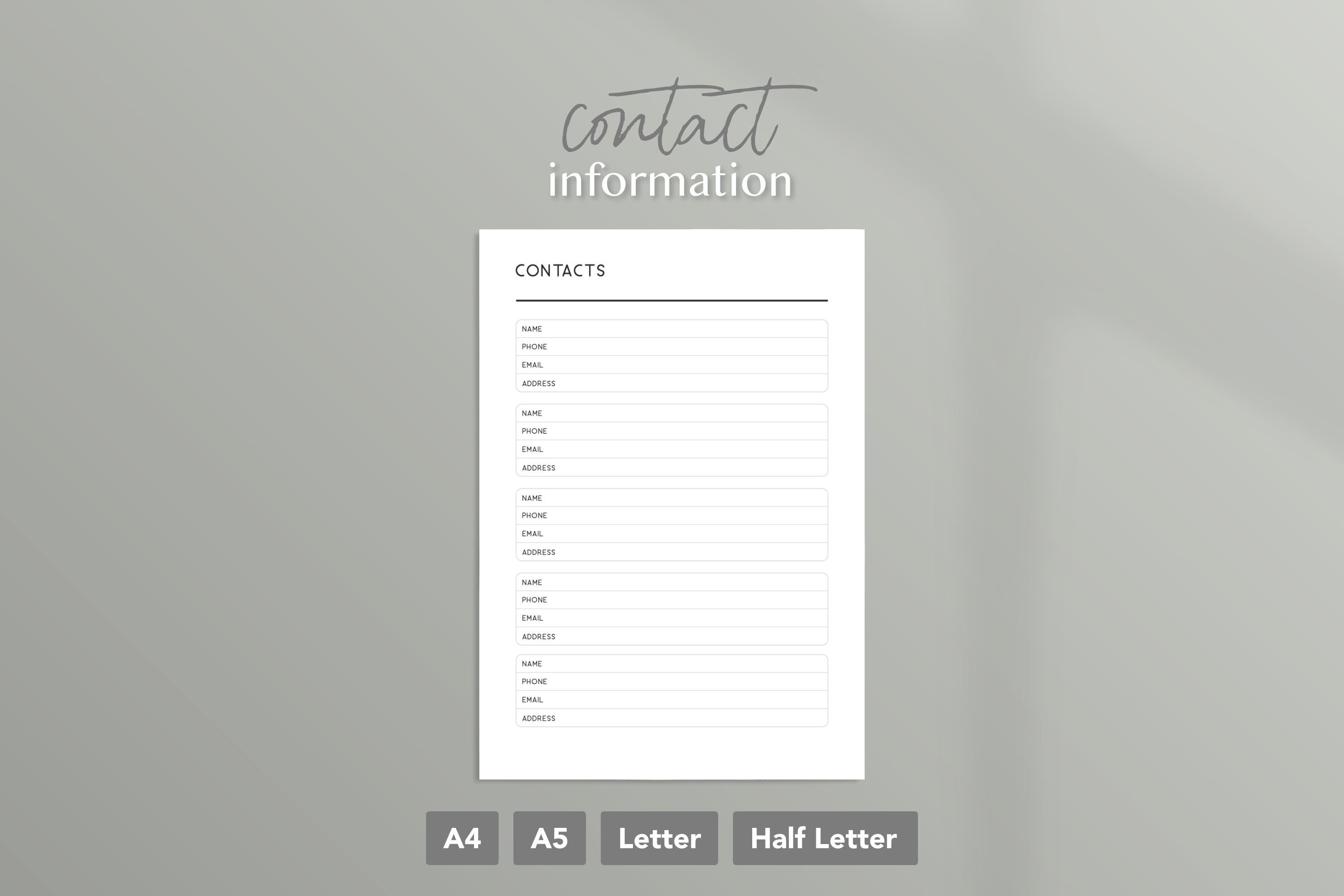 Printable Contact Information | A4, A5, Letter, Half Letter Planner ...