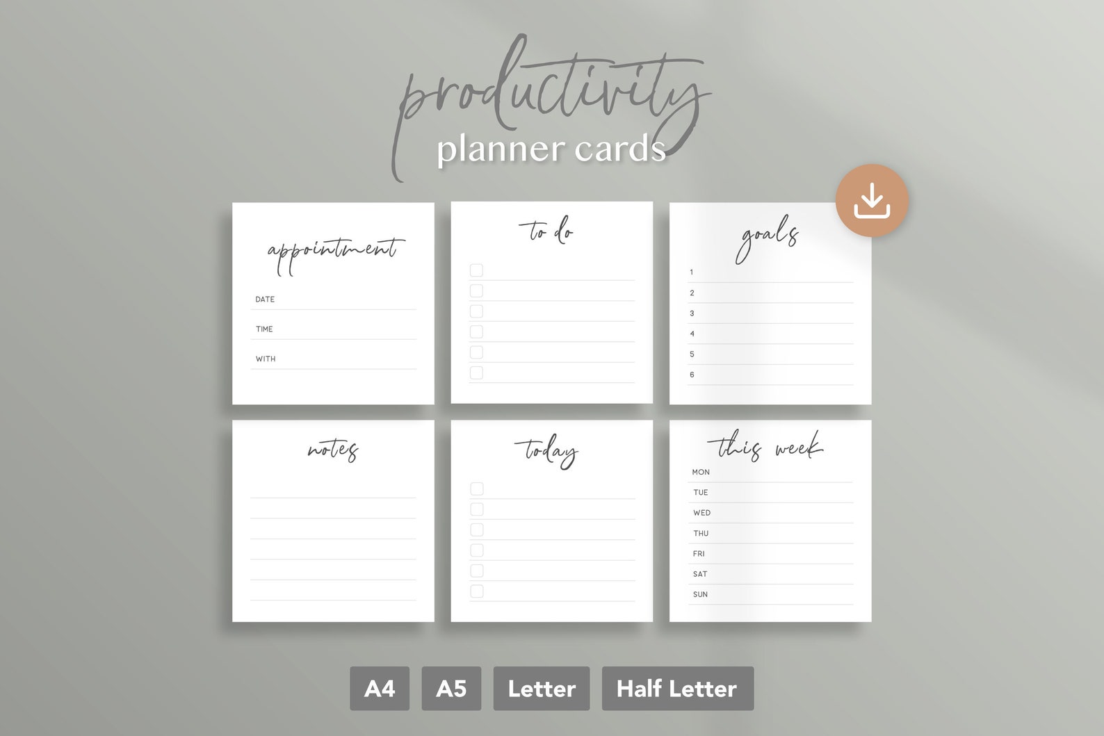 Printable Mini Productivity Planner Cards | A4, A5, Letter, Half Letter ...