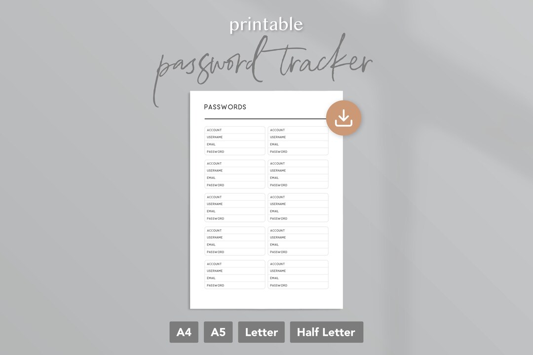 Printable Password Tracker | A4, A5, Letter, Half Letter Planner ...