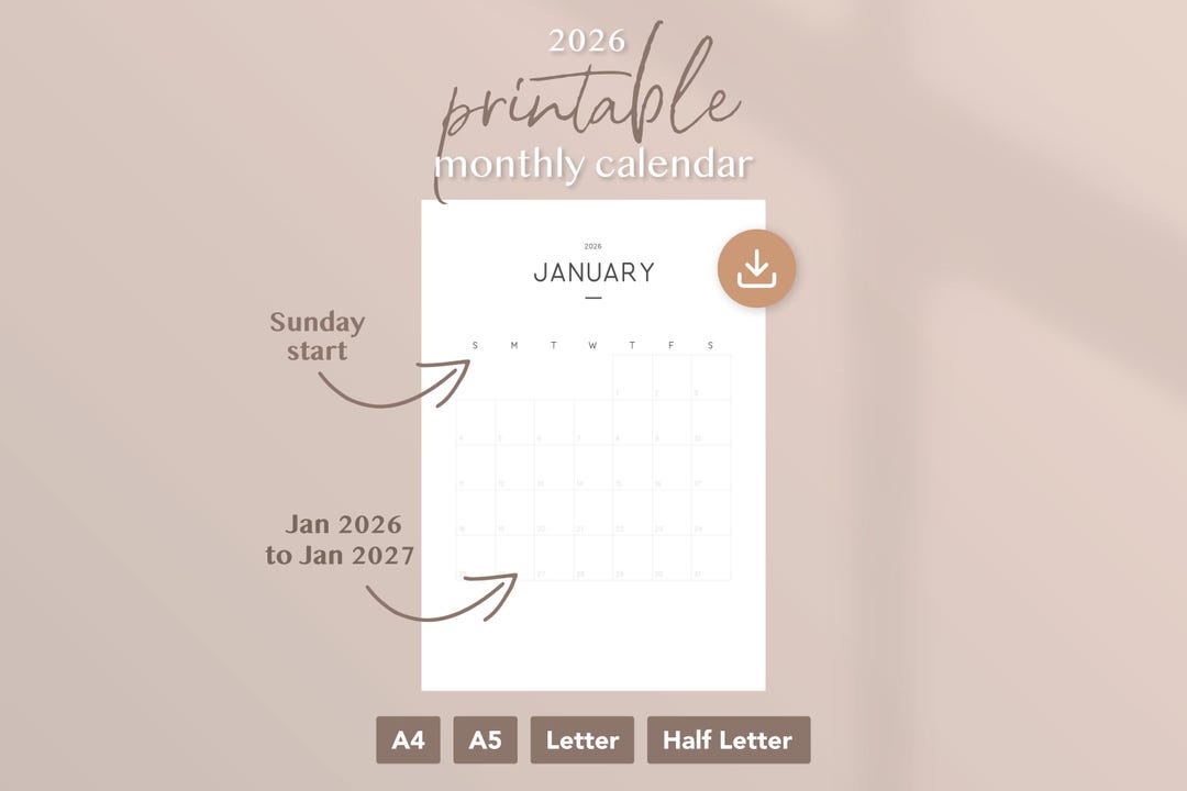 Sunday Start - 2026 Printable Monthly Calendar | A4, A5, Letter, Half ...