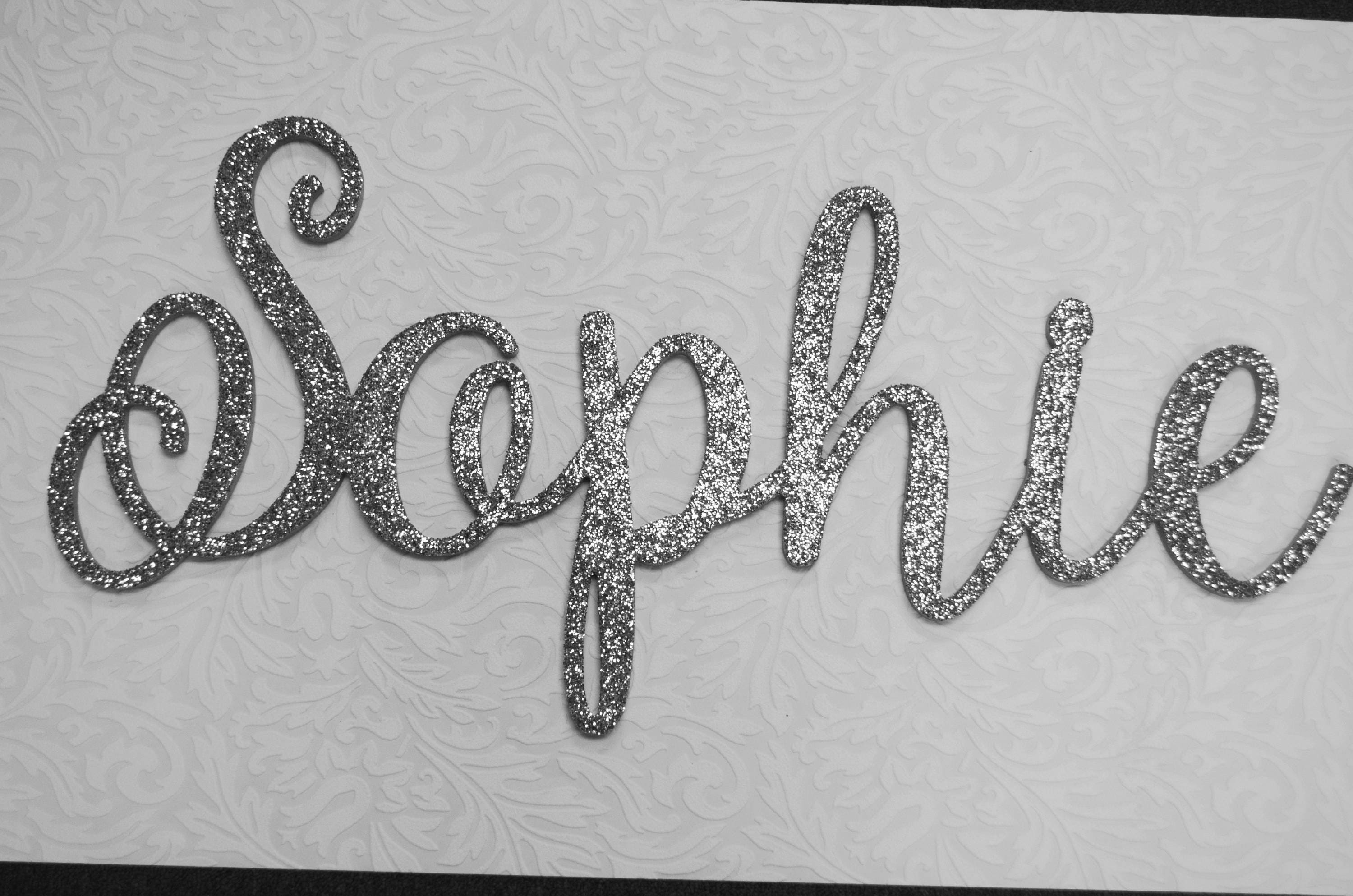 Name Sign for Nursery Girl - Silver Glitter Name Cutout - Baby Wooden ...