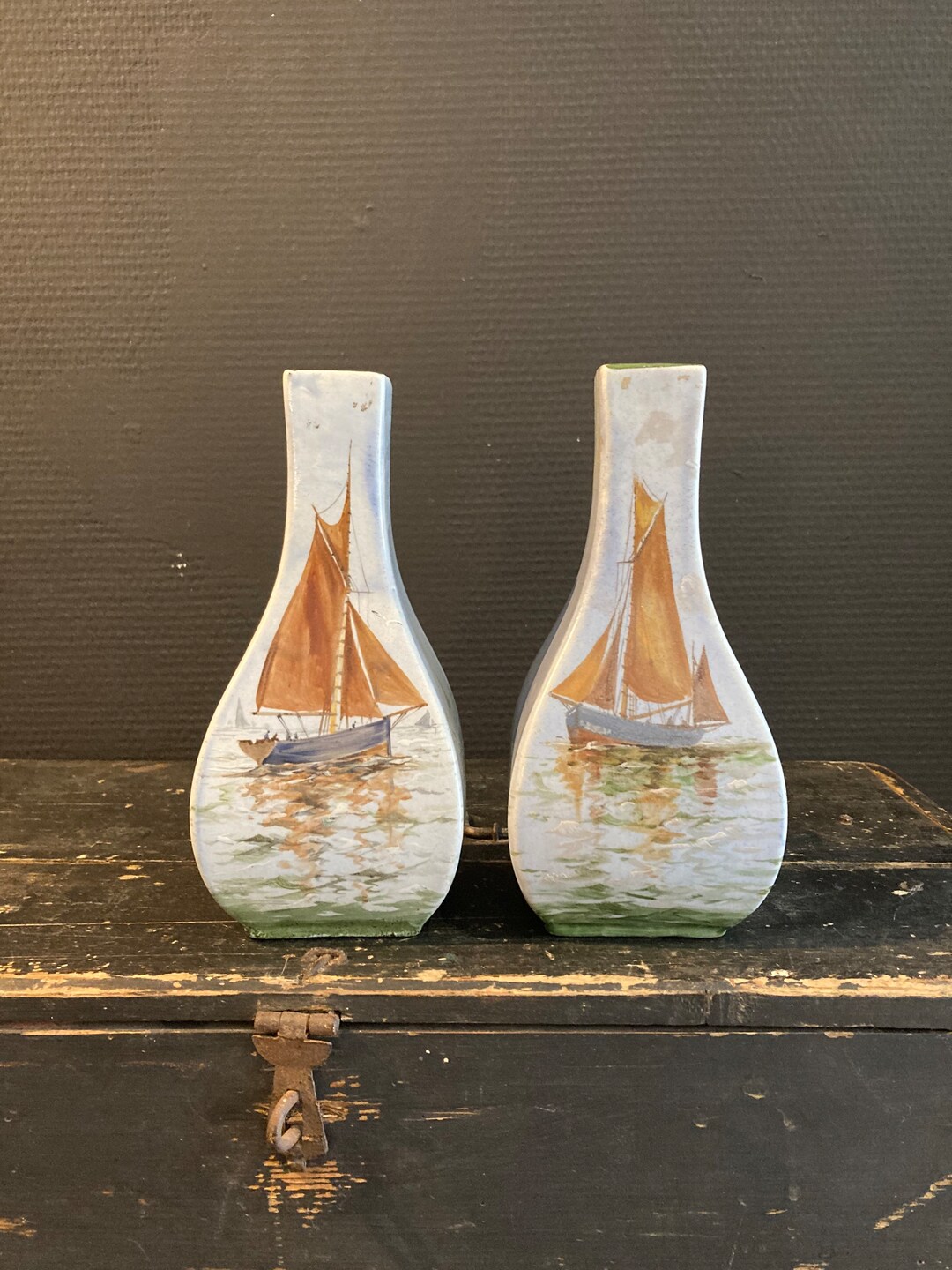 Pair Antique Vases Hand Painted Ship Seaside Landscape Art Nouveau ...