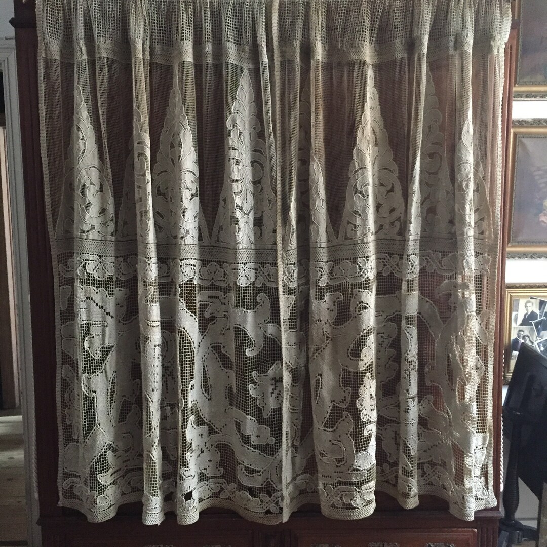 Rare Pair Antique Handmade Filet Lace Curtain French Edwardian Romantic ...