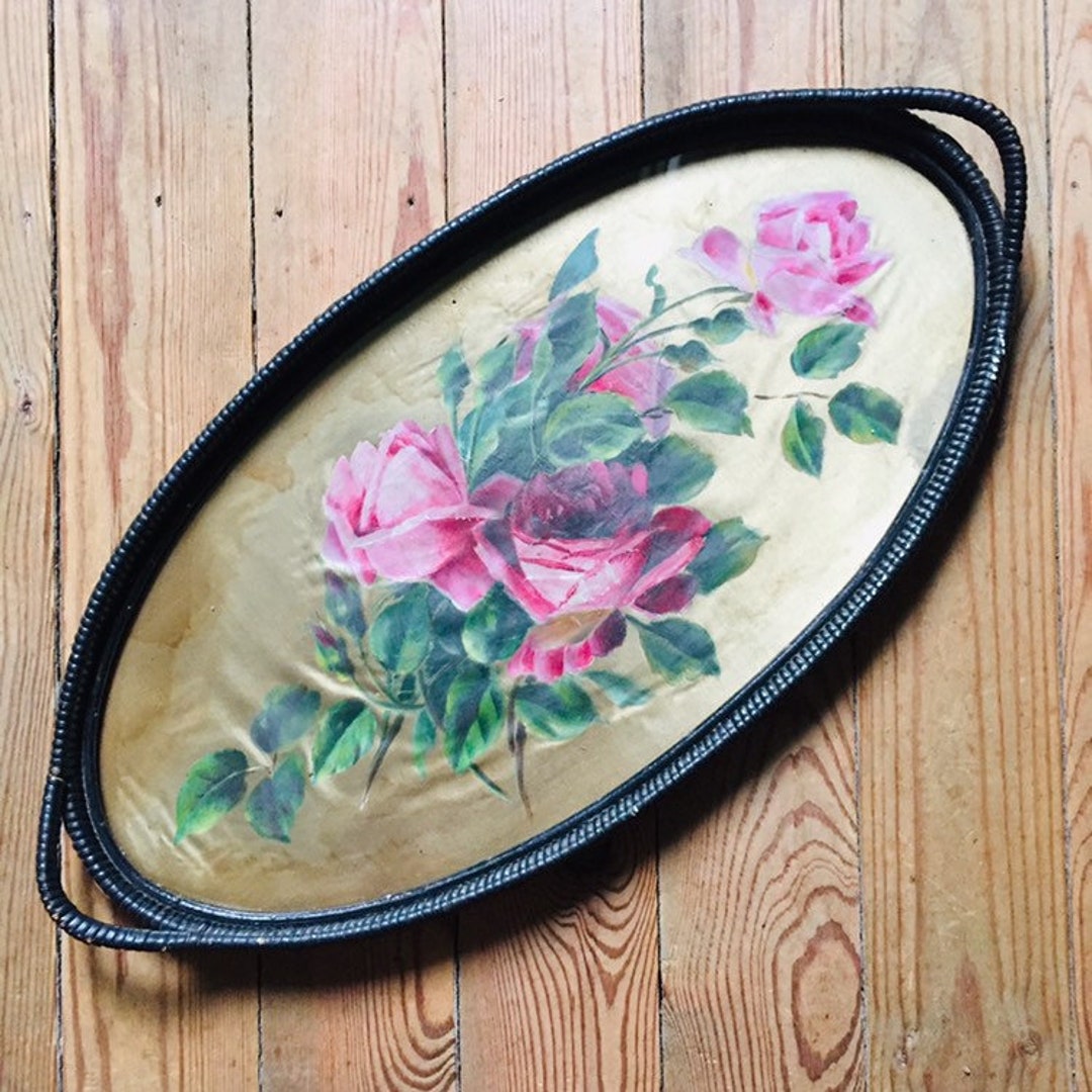 Antique Edwardian Serving Tray Hand Painted Silk W Garden Rose Pattern ...