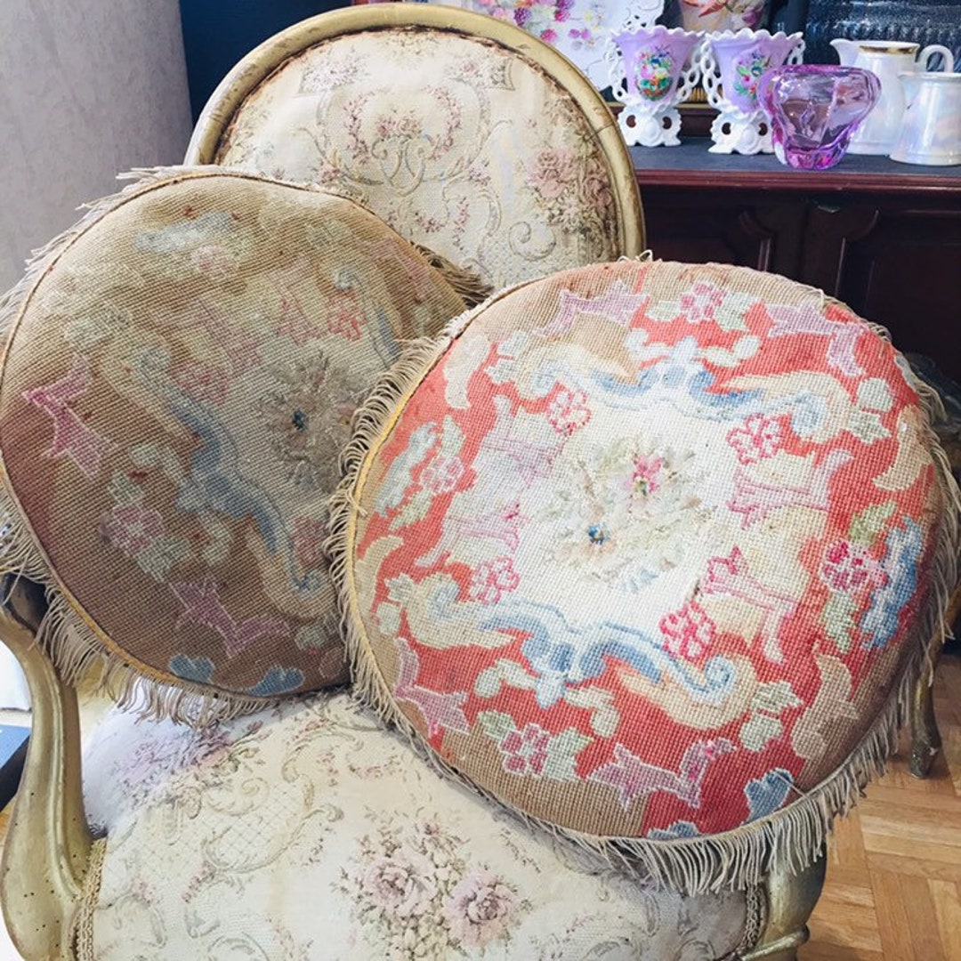 Pair Antique Boudoir Cushion Hand Embroidered Cross Stitch Late ...