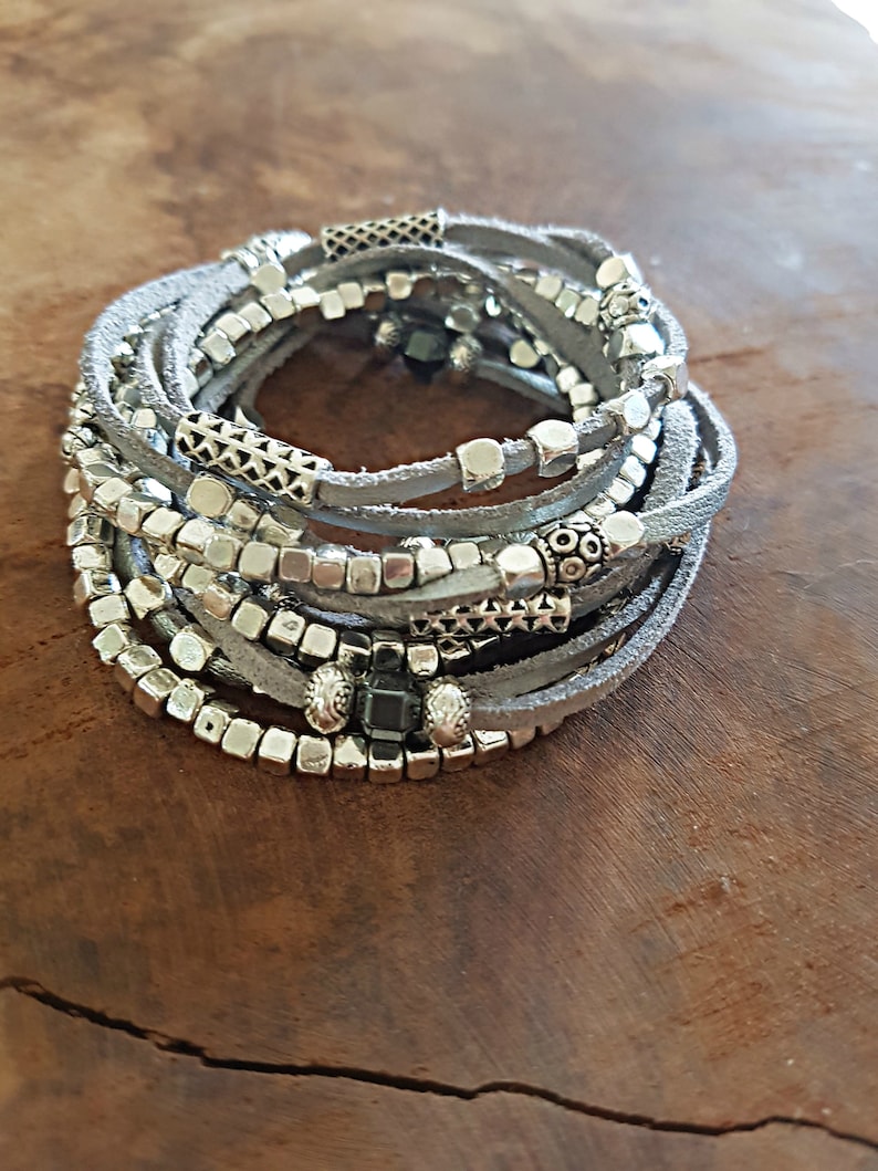Silver Layered Bracelet -necklace for Bridesmaid, Beaded Leather Wrap ...