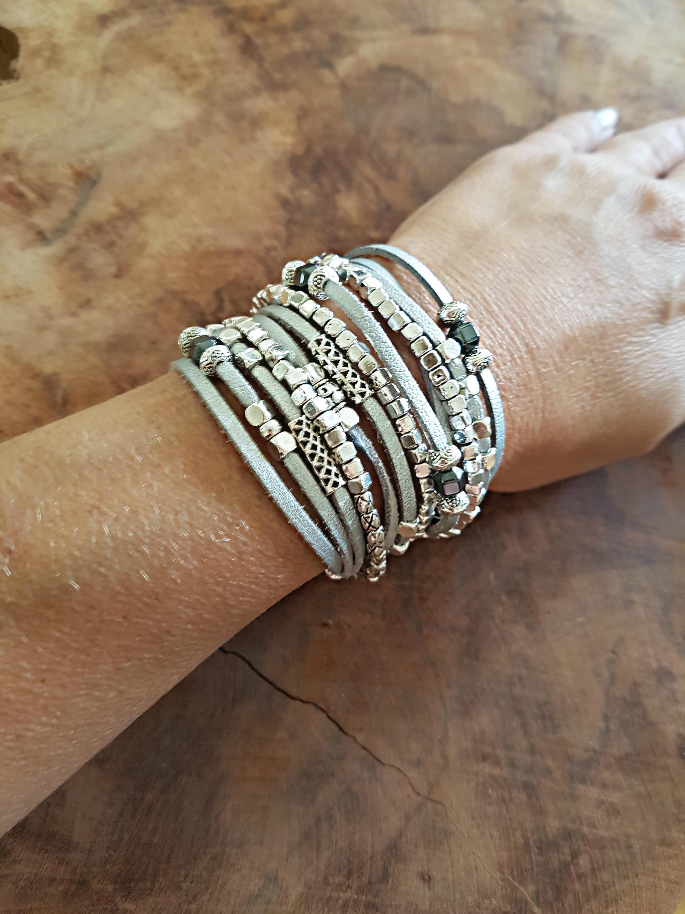 Silver Layered Bracelet -necklace for Bridesmaid, Beaded Leather Wrap ...