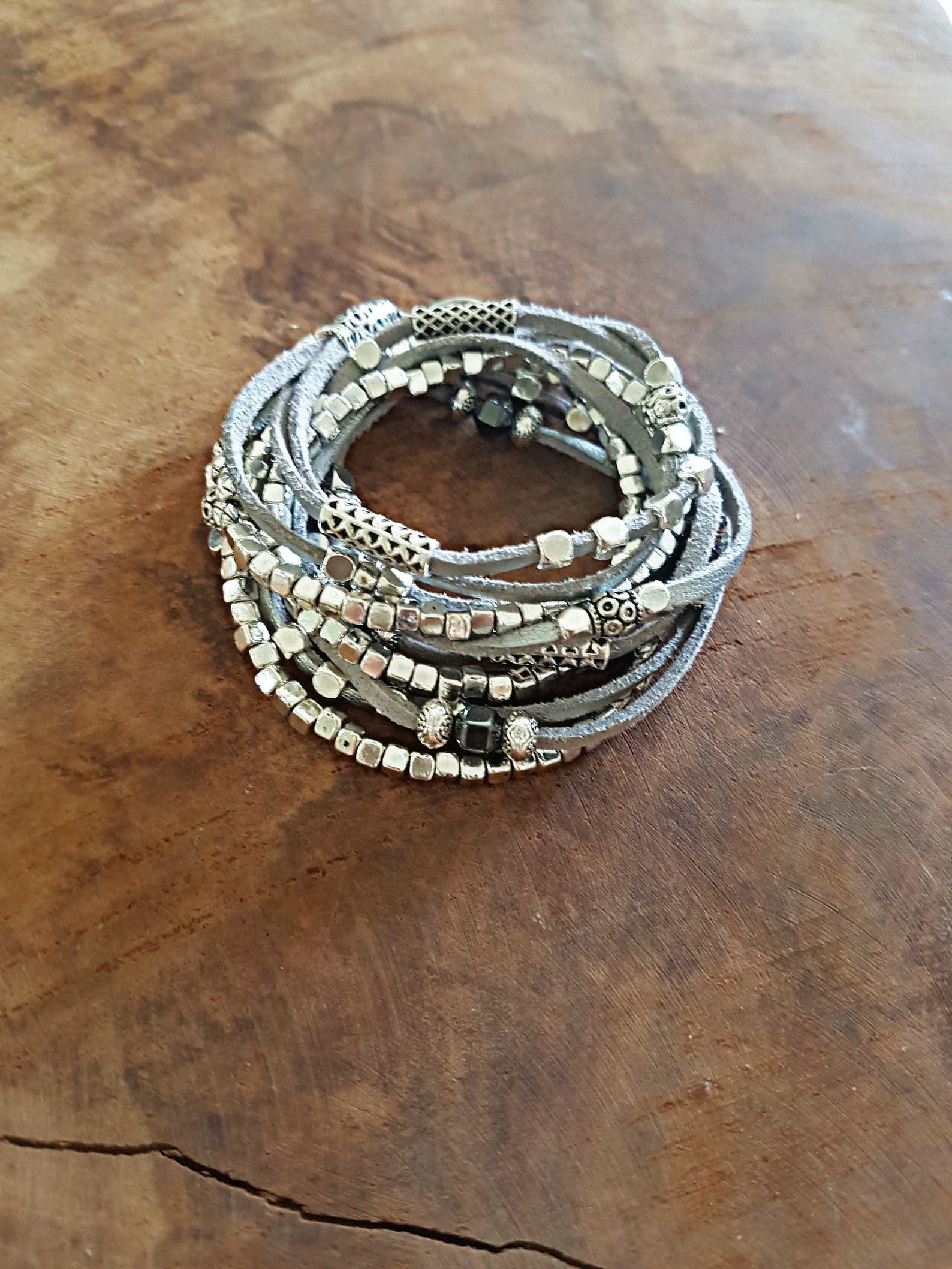 Silver Layered Bracelet -necklace for Bridesmaid, Beaded Leather Wrap ...