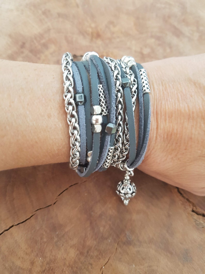 Grey Suede Leather Boho Wrap Bracelet Beaded Women Bracelet - Etsy