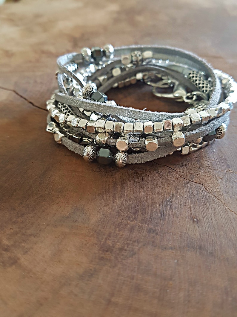 Silver Layered Bracelet -necklace for Bridesmaid, Beaded Leather Wrap ...