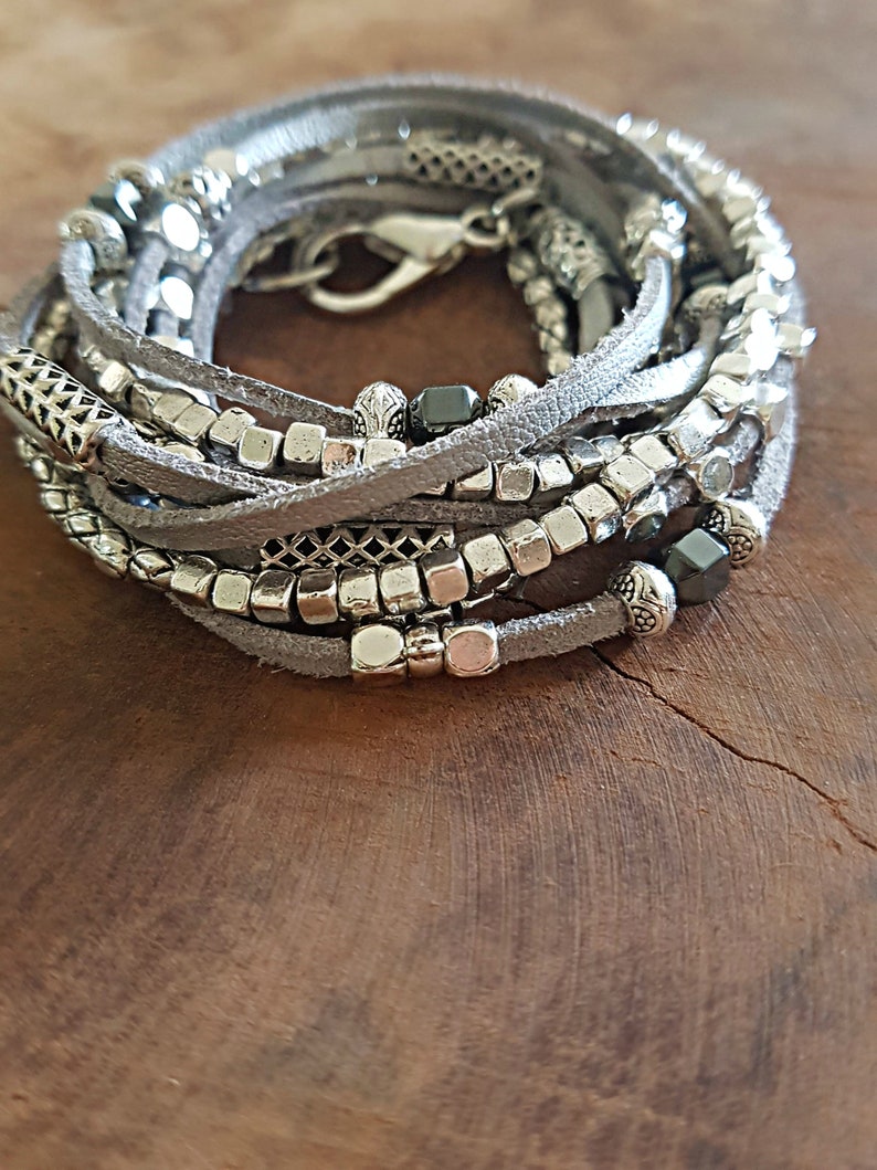 Silver Layered Bracelet -necklace for Bridesmaid, Beaded Leather Wrap ...