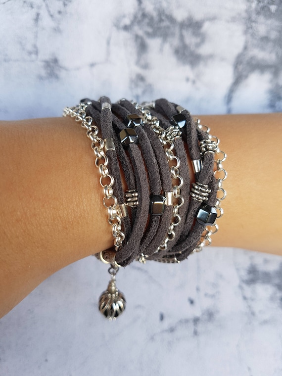 Winter boho beaded leather Wrap Bracelet Women's Layered | Etsy