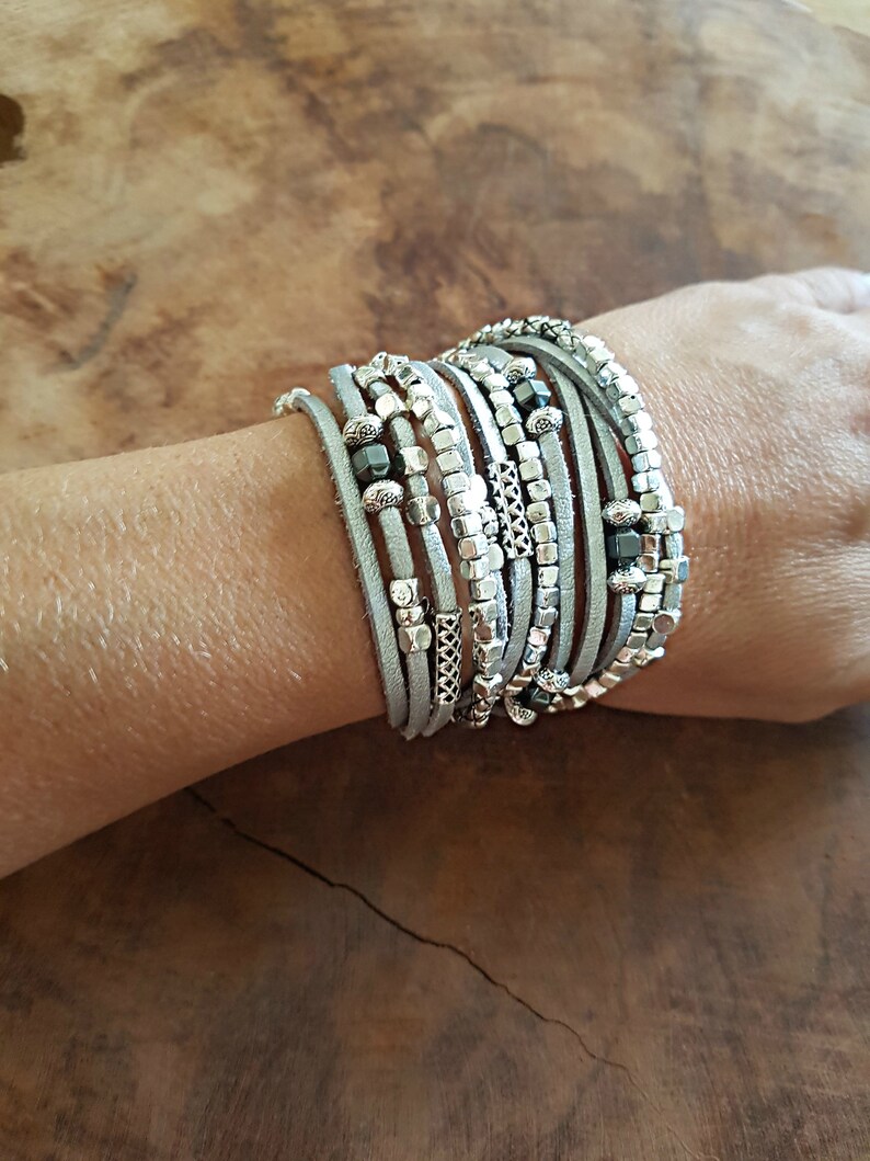 Silver Layered Bracelet necklace for Bridesmaid, Beaded Leather Wrap ...