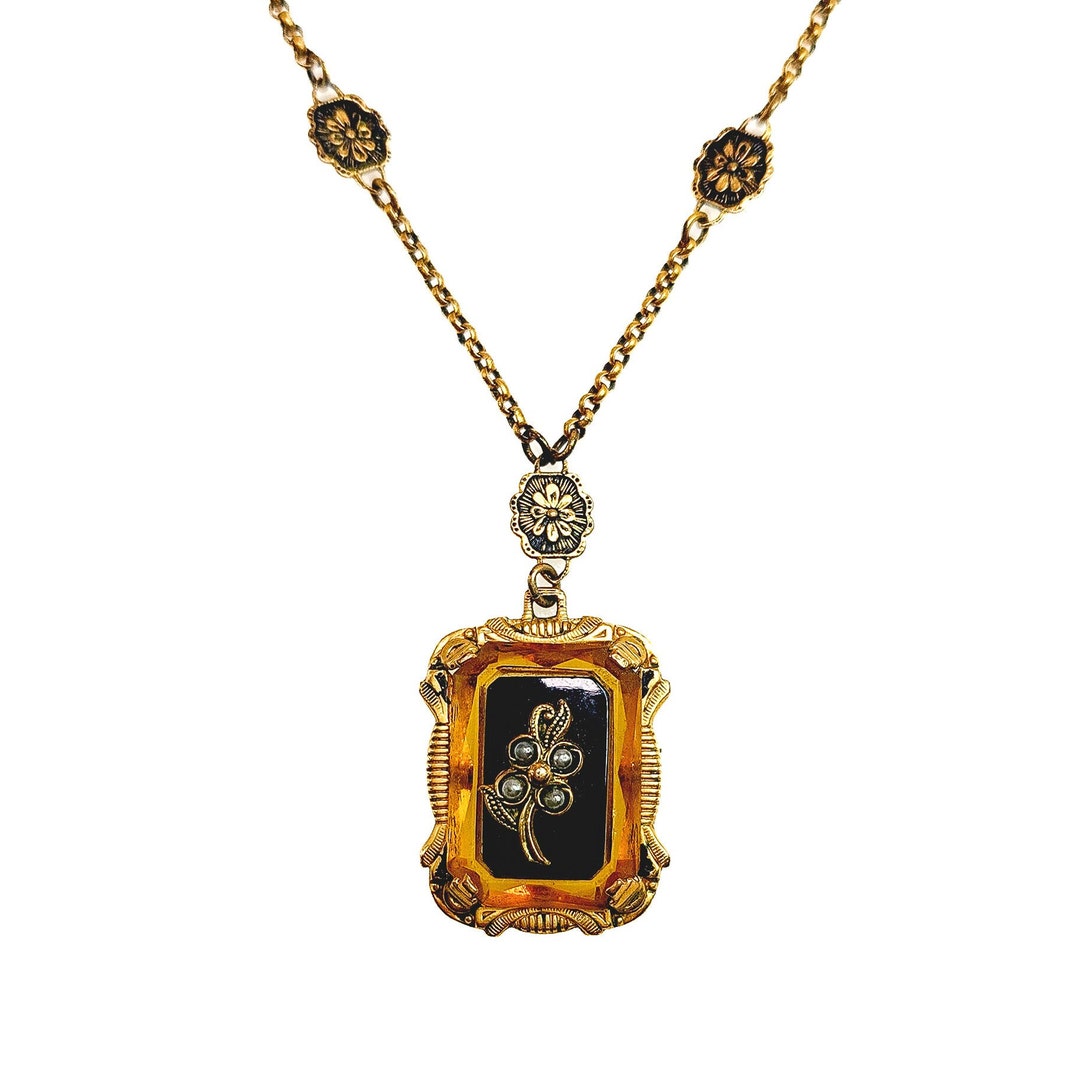 Vintage 1930s Victorian Revival Orange and Black Glass, Pearl, Brass ...