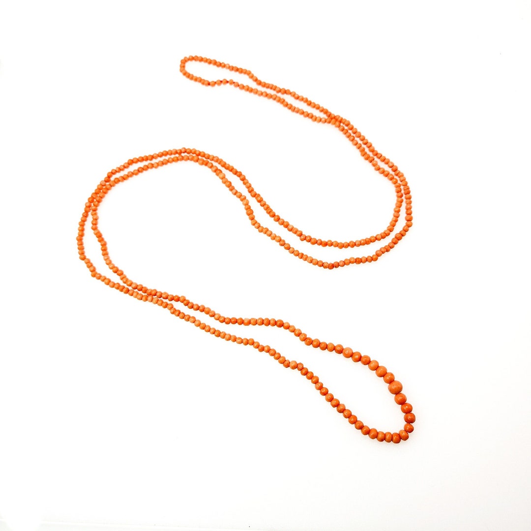 Antique 1880s Late Victorian Hand Carved Salmon Coral Graduated Long ...