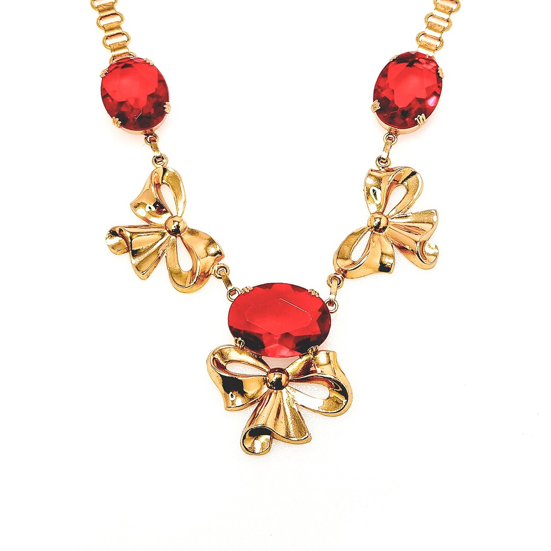 Vintage CORO Red Rhinestone Bow Necklace - 1940s Gold Plate Choker - Etsy