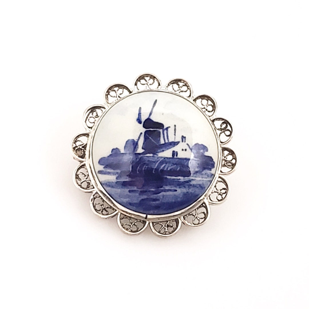 Antique 1900s Delft Blue Brooch - Edwardian Delft Blue Pottery and ...