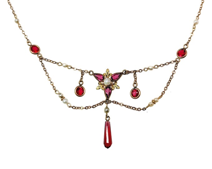 Antique 1900s Art Nouveau Red Paste And Pearl Gold Filled Festoon Necklace Antique Red Nouveau