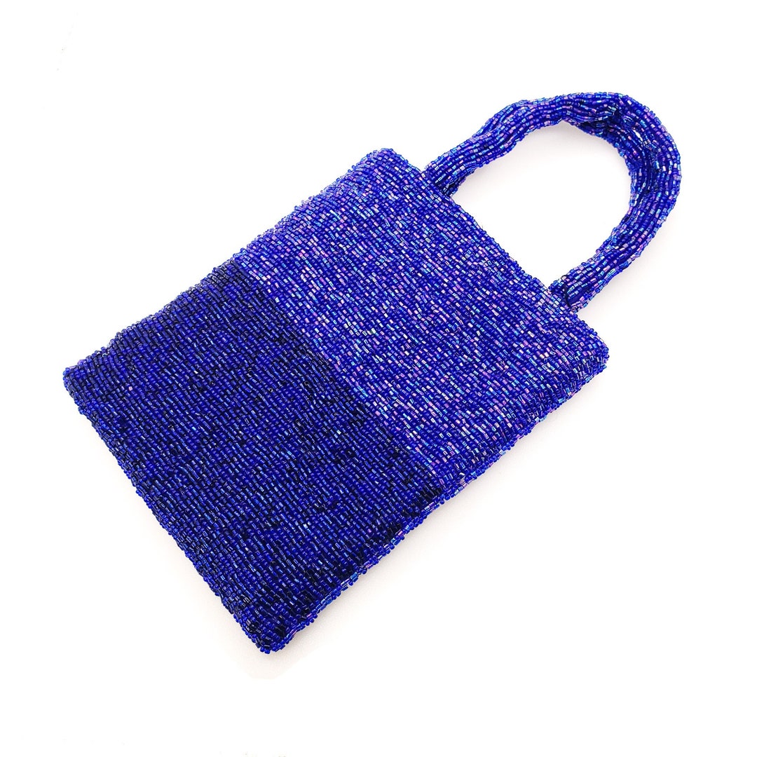 Vintage Blue Purse - 1990s Iridescent Blue Glass Bead Evening Handbag ...
