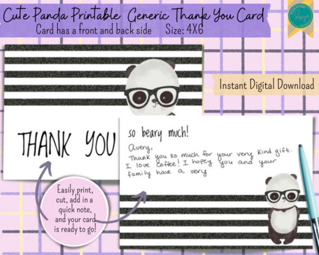 Cute Panda Printable Thank You Card , 4X6 Thank You Card, Instant ...