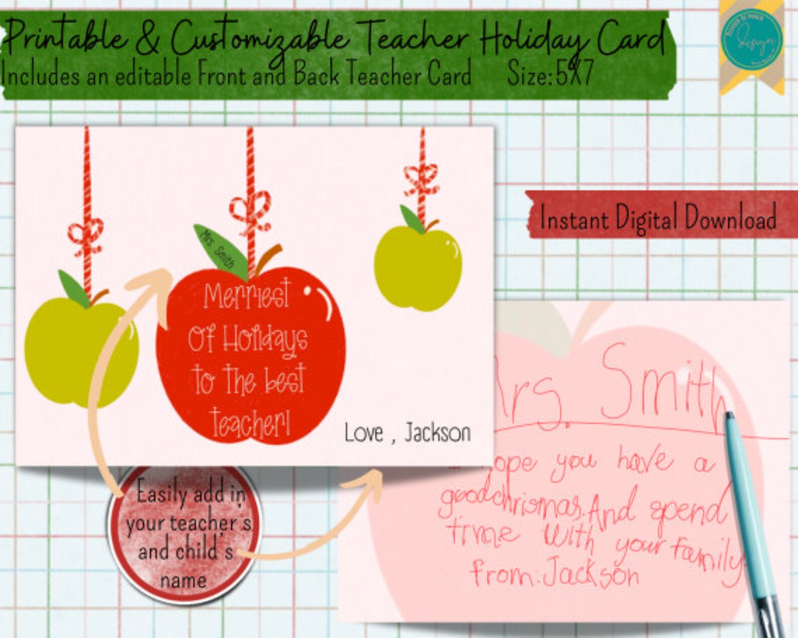 Printable Teacher Holiday Card Apple Ornament Card | Etsy