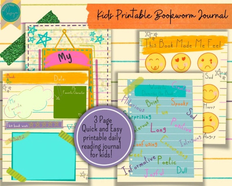 Printable Kids Quick and Easy Daily Bookworm Journal, 3 Colorful and ...