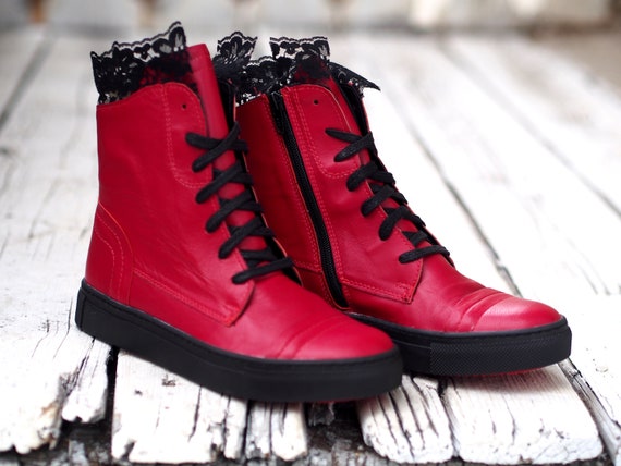 Red Genuine Leather Sneakerswomen Genuine Leather | Etsy