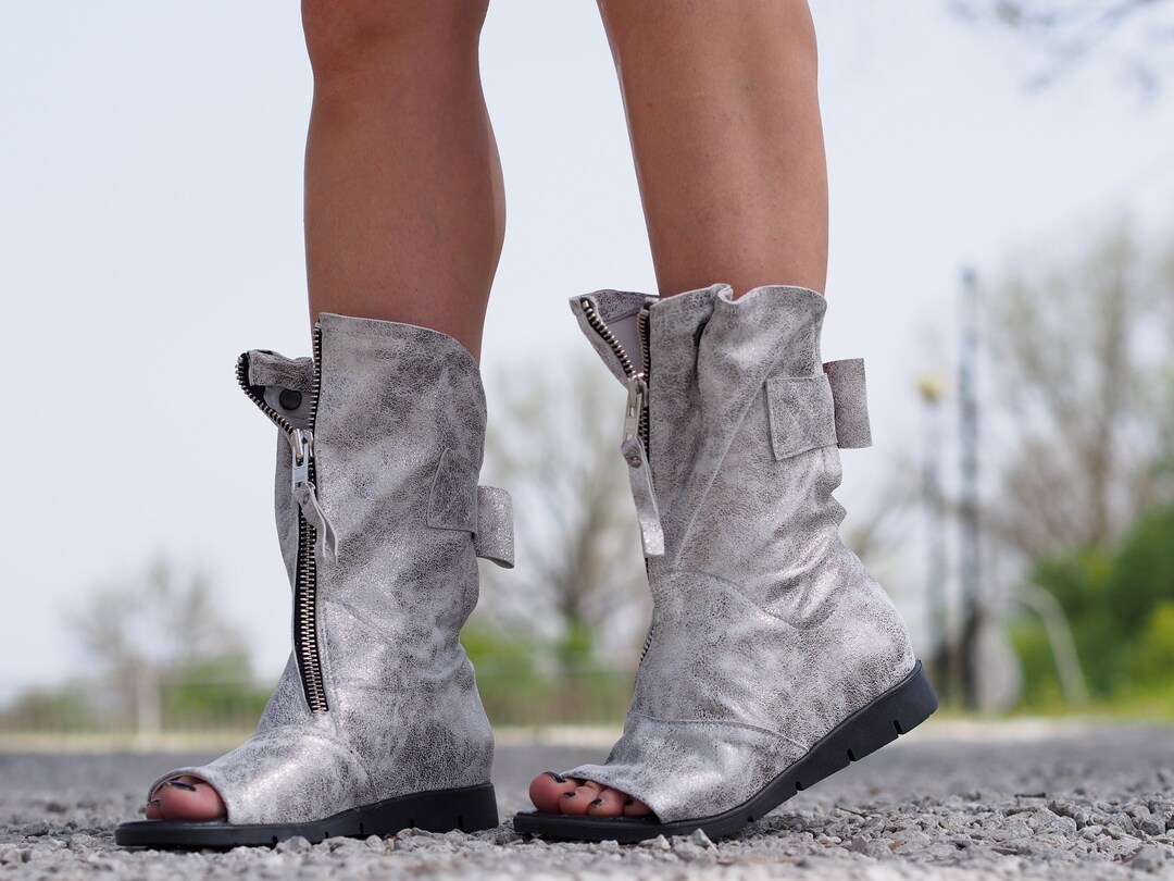 Women Genuine Leather Summer Boots,silver Leather Summer Boots,peep Toe ...