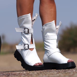 Women's Genuine Leather Summer Boots,white Leather Open Toe Booties,cut ...