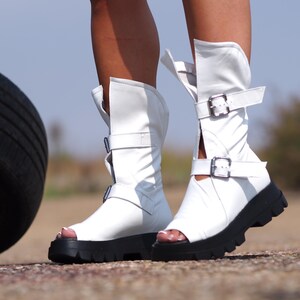 Women's Genuine Leather Summer Boots,white Leather Open Toe Booties,cut ...