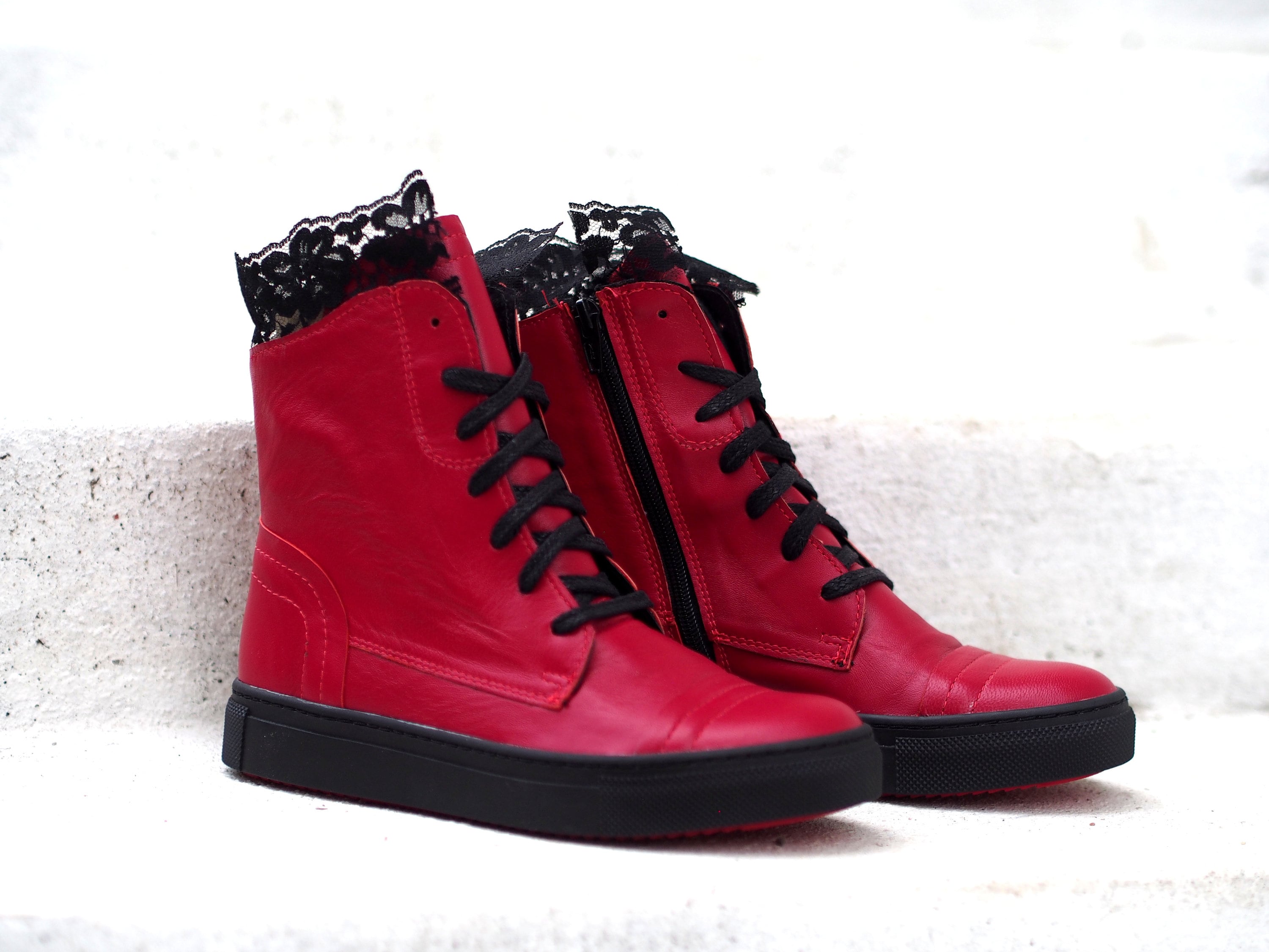 Red Genuine Leather Sneakerswomen Genuine Leather - Etsy