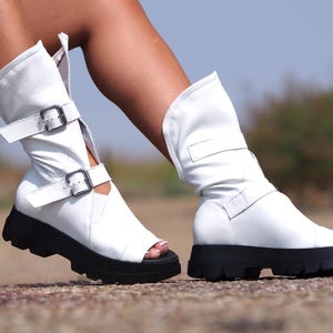 Women's Genuine Leather Summer Boots,white Leather Open Toe Booties,cut ...