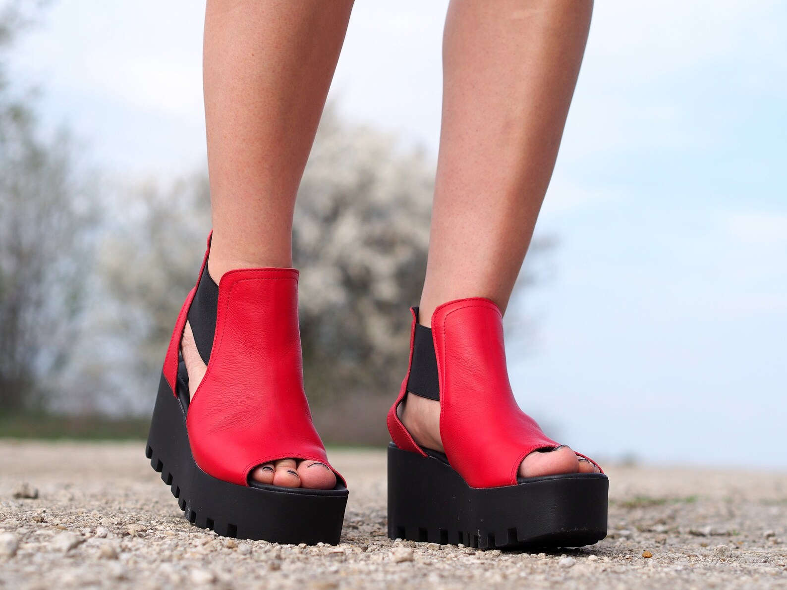 Red Women's Genuine Leather Summer Boots,leather Open Toe Booties,women ...